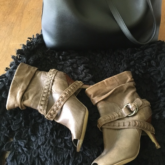 Guess | Shoes | Guess Leather Grayish Brown Peep Toe Booties | Poshmark